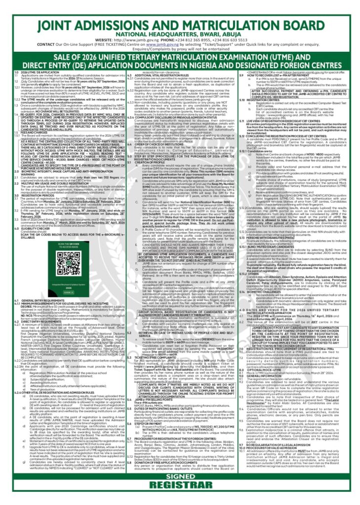 JAMB Opens Sale of 2026 UTME, Direct Entry Forms January 26, Releases ...