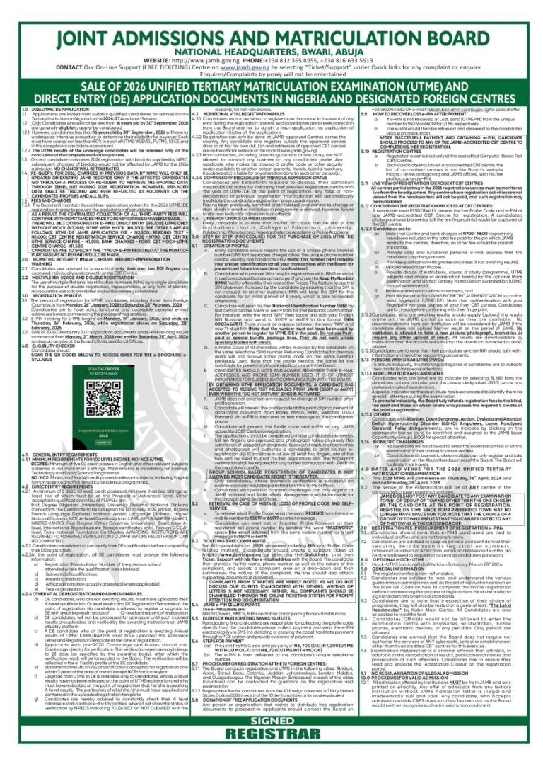 JAMB Opens Sale of 2026 UTME, Direct Entry Forms January 26, Releases ...