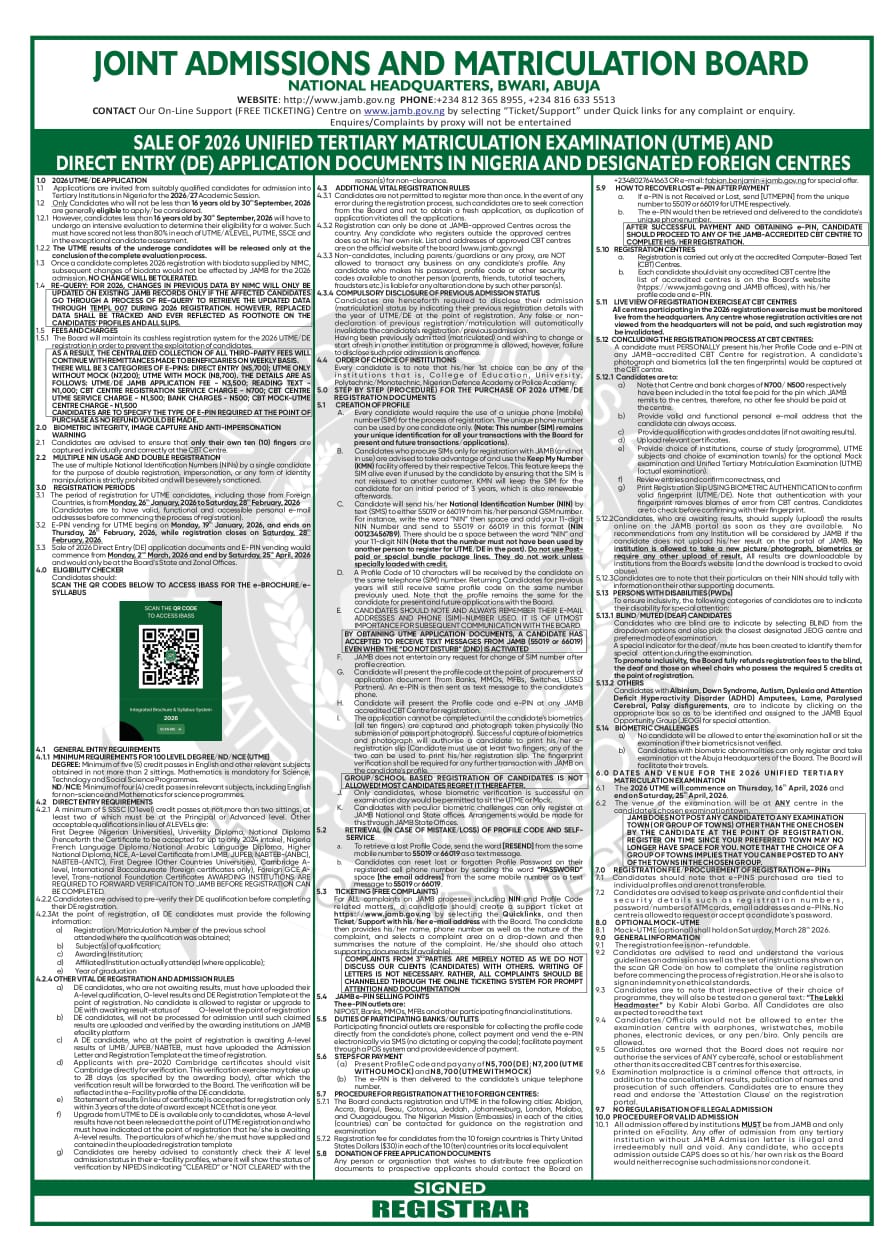 JAMB Opens Sale of 2026 UTME, Direct Entry Forms January 26, Releases ...